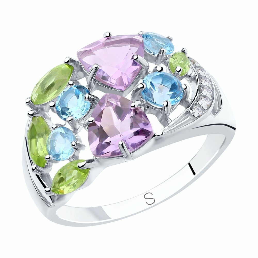 Кольцо, серебро, 925 проба, топаз, хризолит, фианит, аметист