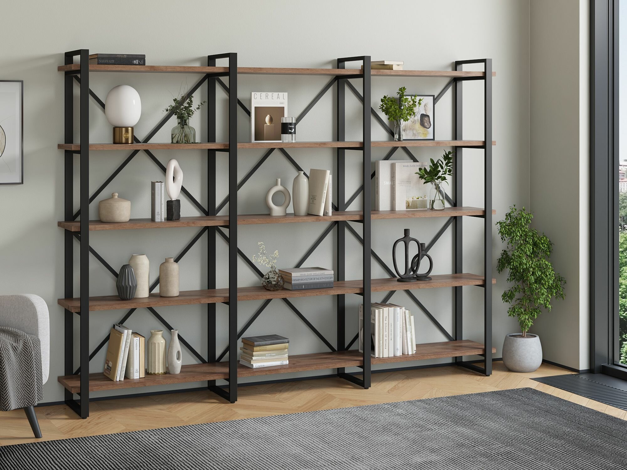 Стеллаж Айсберг Лофт 240х182-4 с полками черный/дуб крафт табак