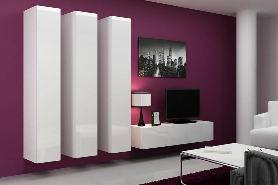 Стенка в гостиную "Виго 14" 300х200х42, белый / белый глянец