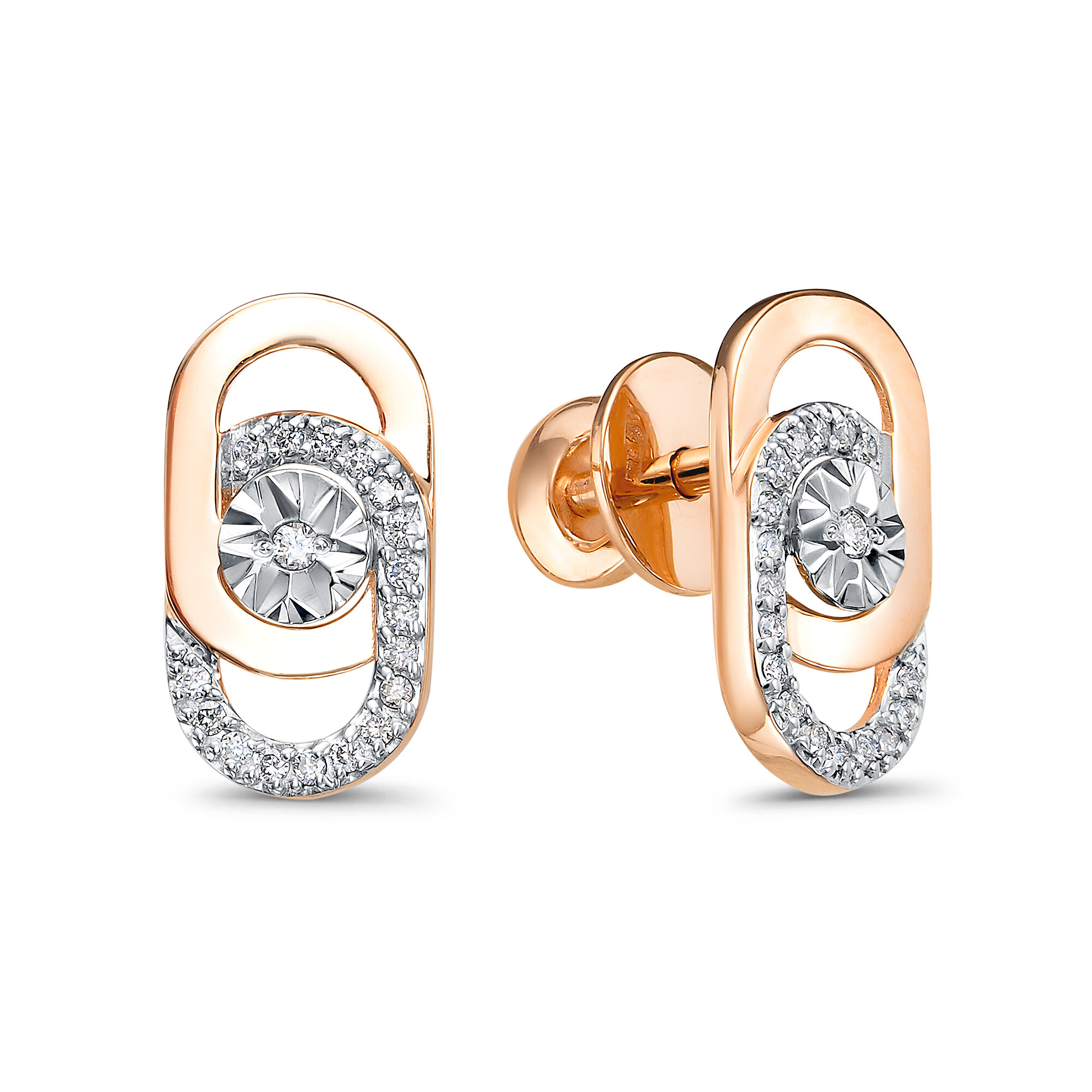 Серьги пусеты, красное золото, 585 проба, бриллиант