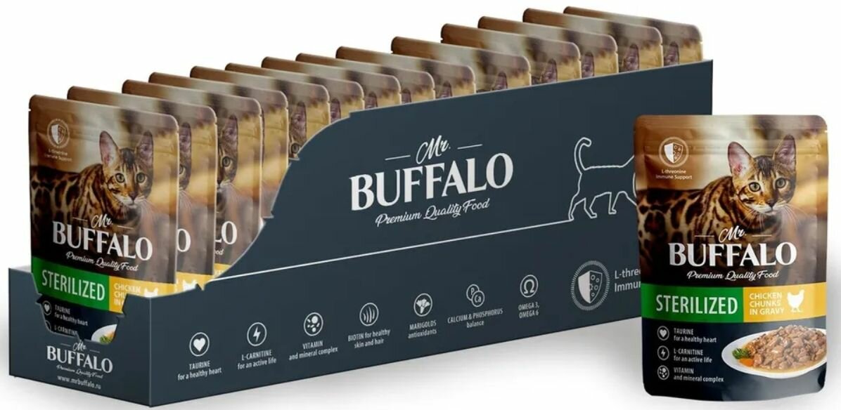 Mr.Buffalo Влажный корм для стерилизованных кошек Sterilised, цыпленок в соусе, 85 г, 24 шт