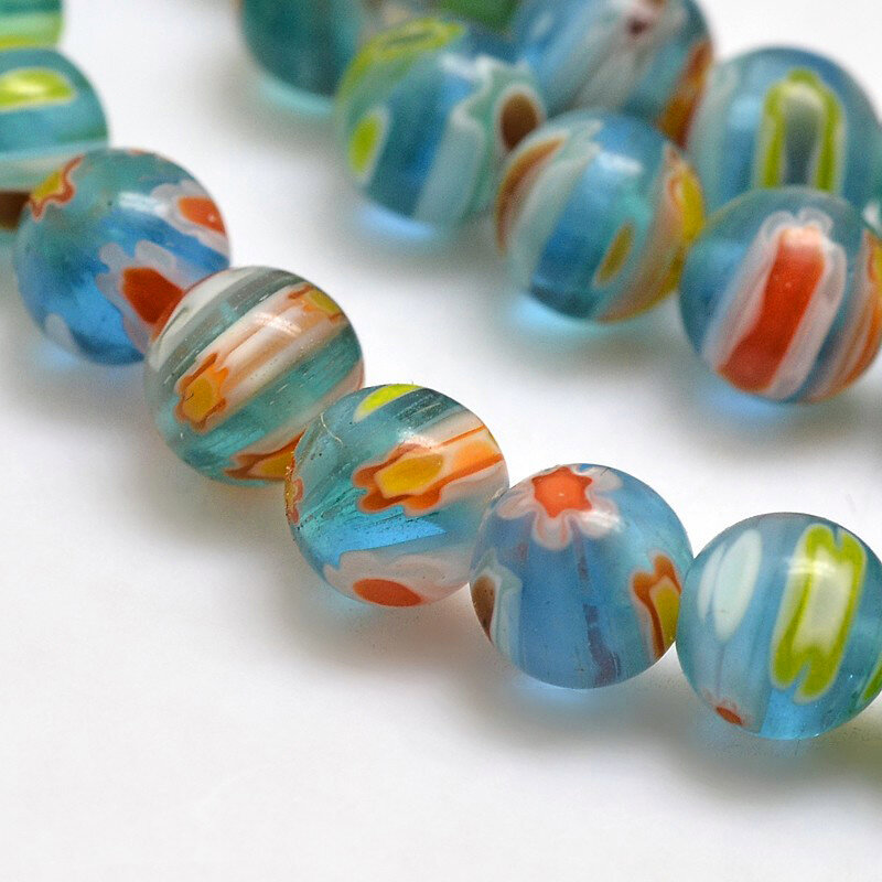 Бусины миллефиори, 6мм, голубые с разноцветными цветами, 60 шт, низка