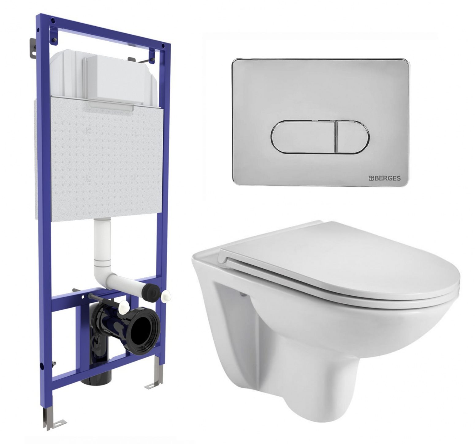 Комплект 3 в 1 инсталляция Berges Wasserhaus Novum 040233 + Подвесной унитаз WeltWasser Baarbach 004 GL-WT + кнопка хром