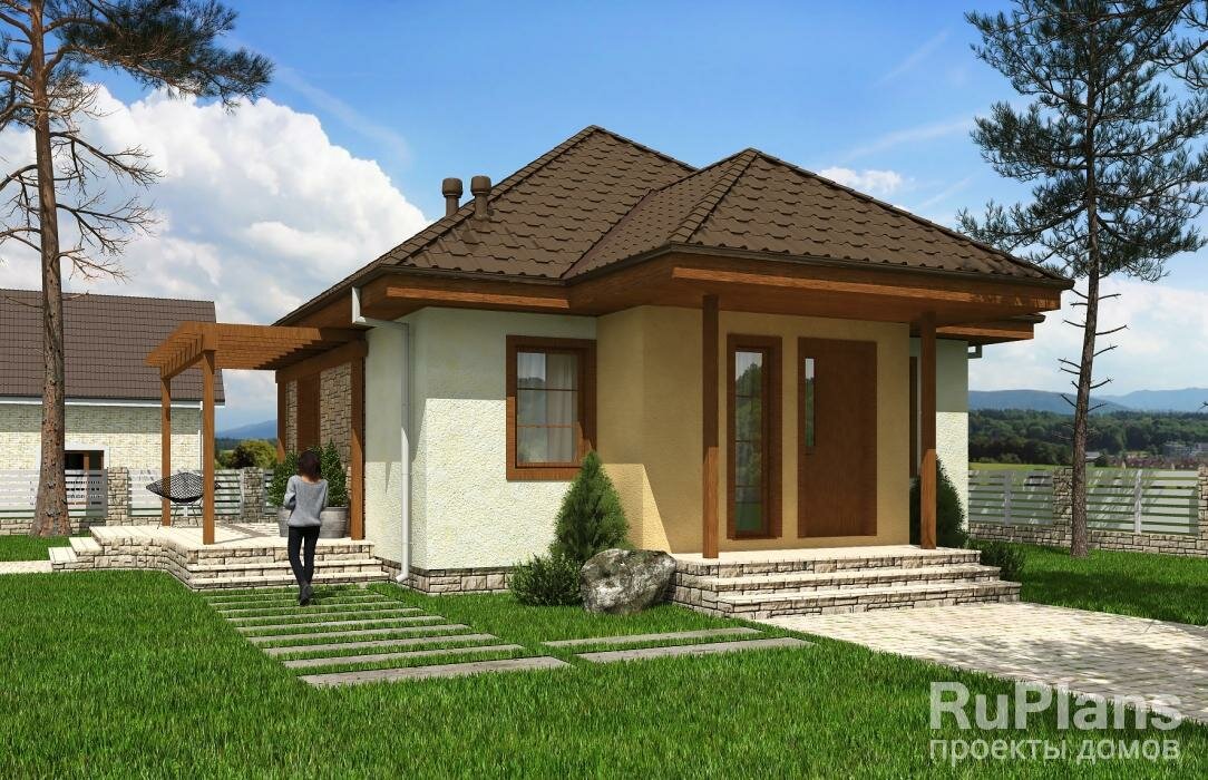 Одноэтажный дом с террасой и 1 спальней (50 м2, 9м x 8м) Rg5470