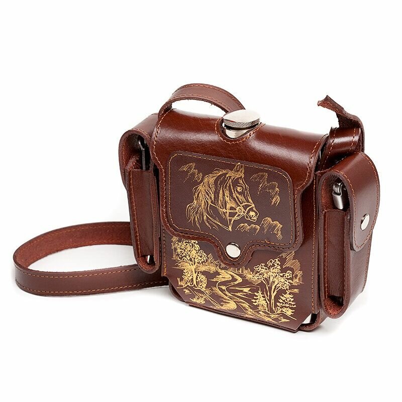 Фляга походная 0,53л " Вороной" в чехле из натуральной кожи (Символ года 2026 Лошадь)