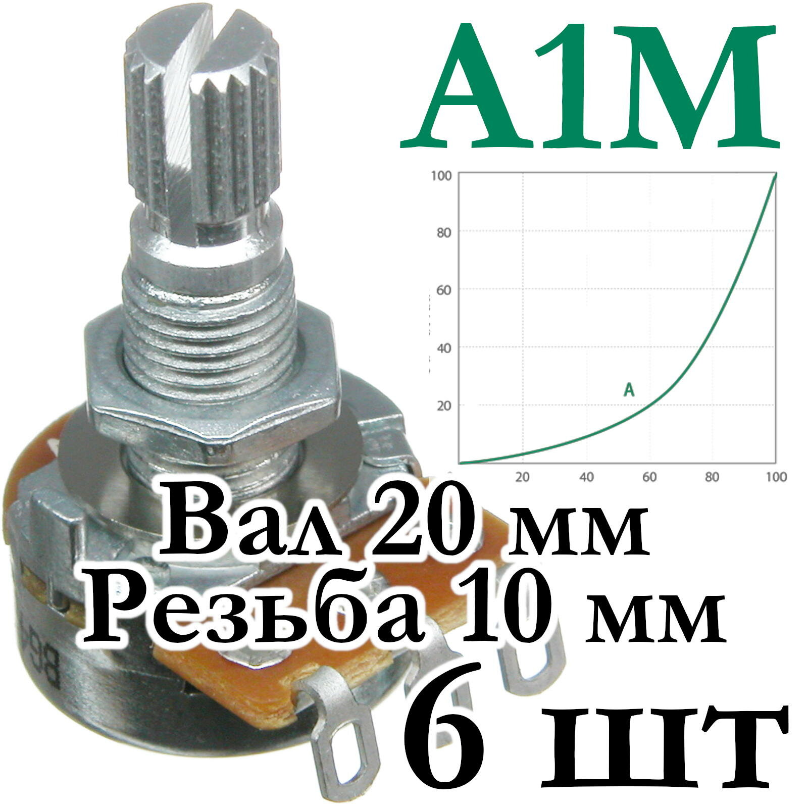 Набор поворотных потенциометров Alpha RV16AF-10B6-20K-A1M(6 шт.)