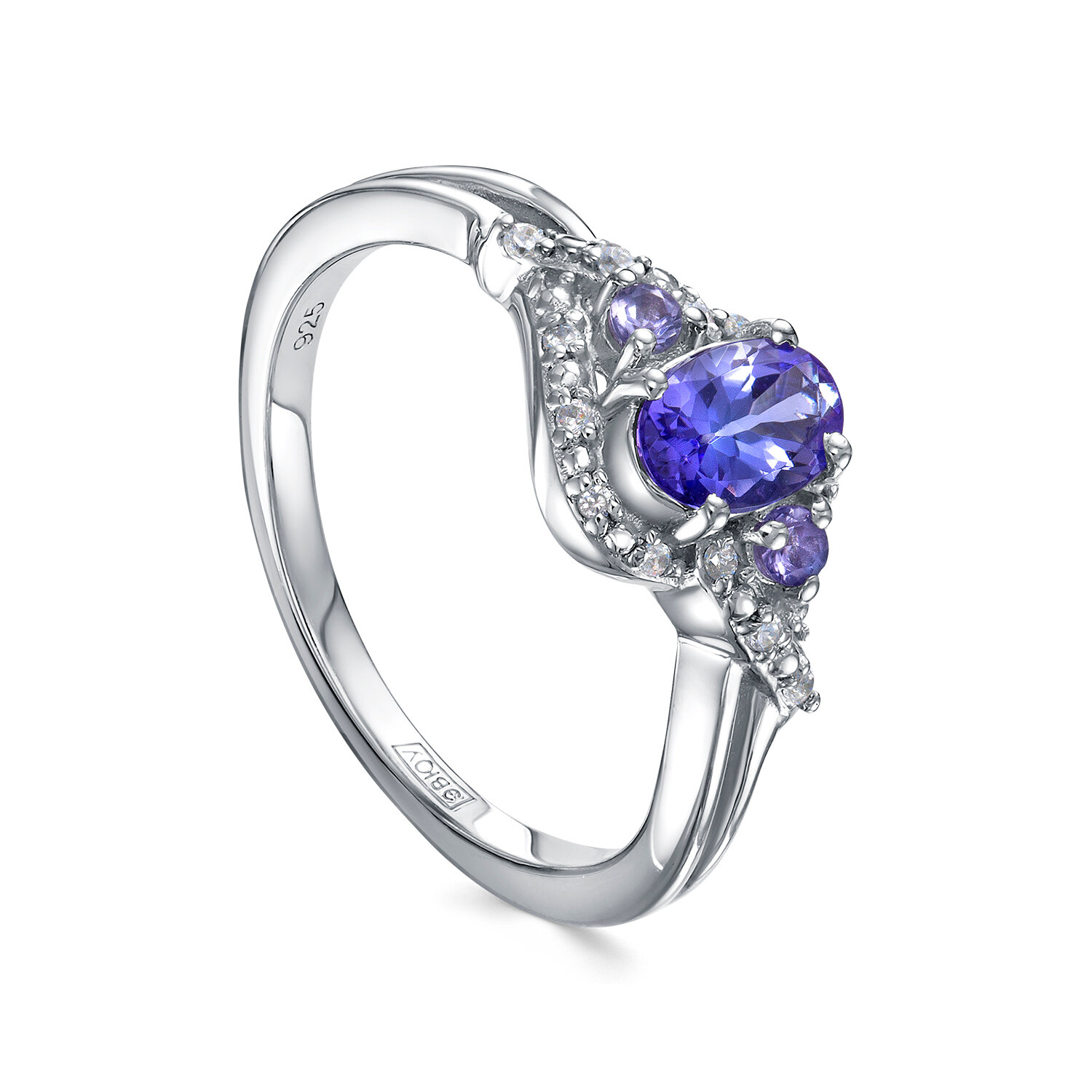 Кольцо, серебро, 925 проба, фианит, танзанит