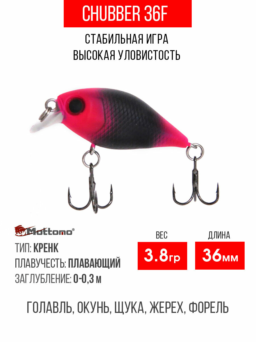 Воблер для рыбалки Mottomo Chubber 36F 3,8g, кренк плавающий для спиннинга, троллинга. Приманка окуня, щуку. Black Pink