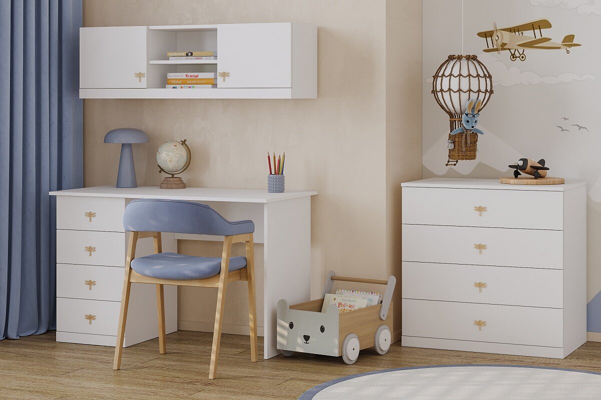 Детская стенка МебельЛэнд24 Стрекоза - 3 МДФ Белый 200x60x80 с комодом со столом