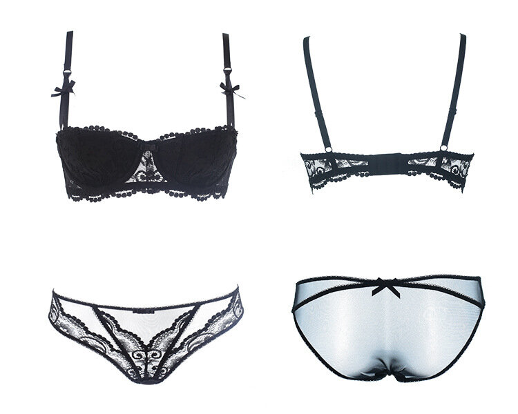 Комплект из бюстгальтера-получашечек из жаккардового кружева и тонких хлопковых чашечек в стиле "судья", идеально подойдет для года вашего рождения. Черный.