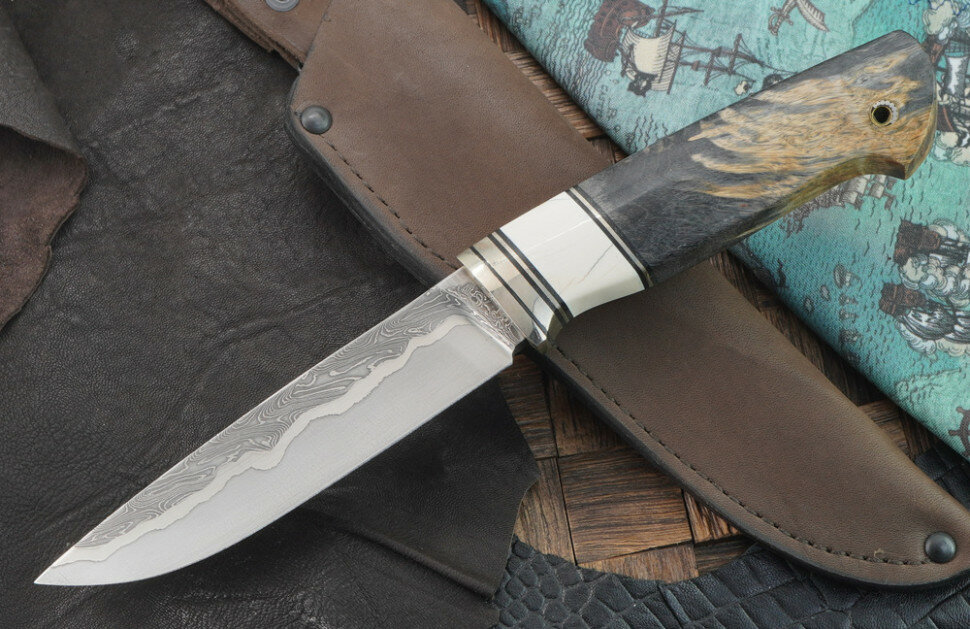 Кузница Коваль нож Ладья (ламинат, мельхиор, бивень мамонта, стабилизированная карельская береза)