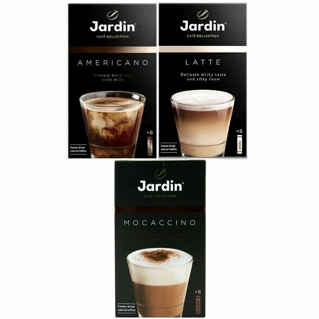 Кофе в стиках Jardin Американо с молоком/Латте/Мокаччино 3 упаковки по 8 стиков по 15гр