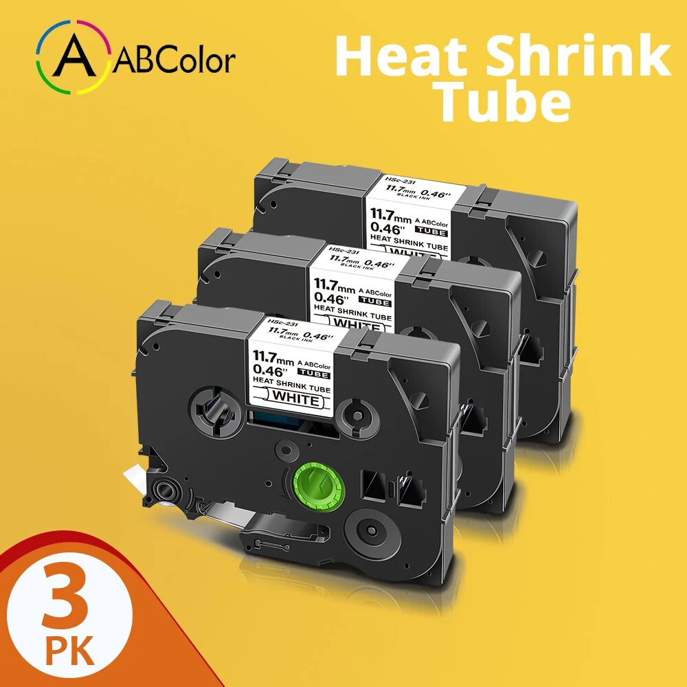 Термоусадочная лента ABColor 6/9/12 мм для Brother HSe-231 HSe-631 3PK Black on White, 12 мм