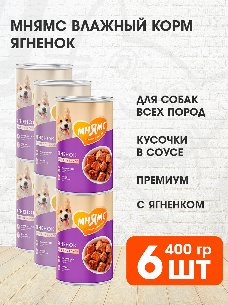 Влажный корм Мнямс Красивая Шерсть для взрослых собак с чувствительной кожей и шерстью с ягненком с соусе банка, 400 гр х 6 шт