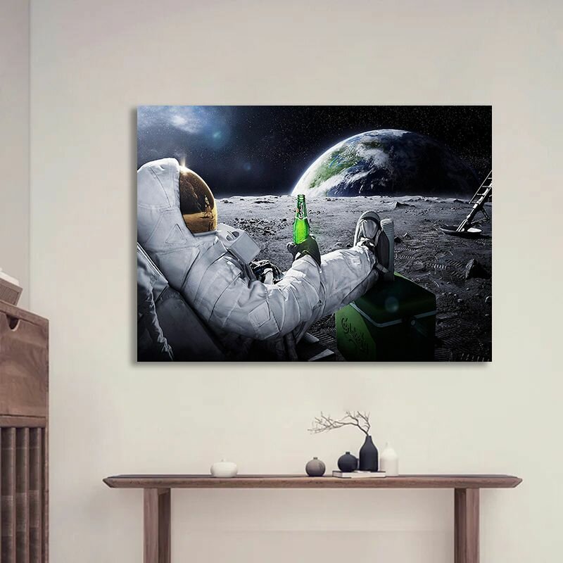 Картина "Космонавт на луне", 20x30 см, холст, на подрамнике, дерево, крепление "крокодил"