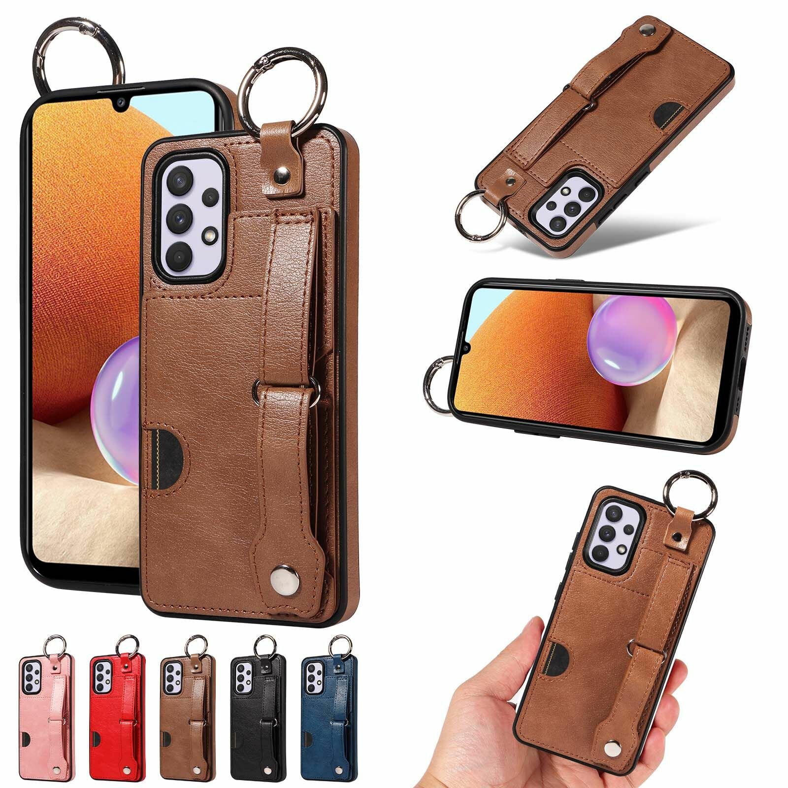 YIKATU Кожаный чехол для Samsung Galaxy A32 4G (A325)/ Самсунг Галакси А32 (А325) с регулируемым ремешком на запястье/кольцевой пряжкой/ Держатель карты