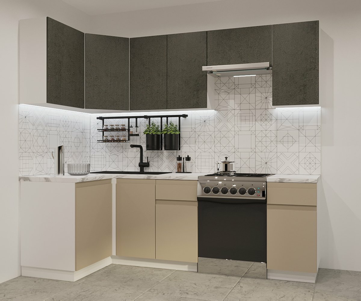 Кухонный угловой гарнитур Лайн Бетон темный/Пикрит, 1200х2400 мм, фасады МДФ