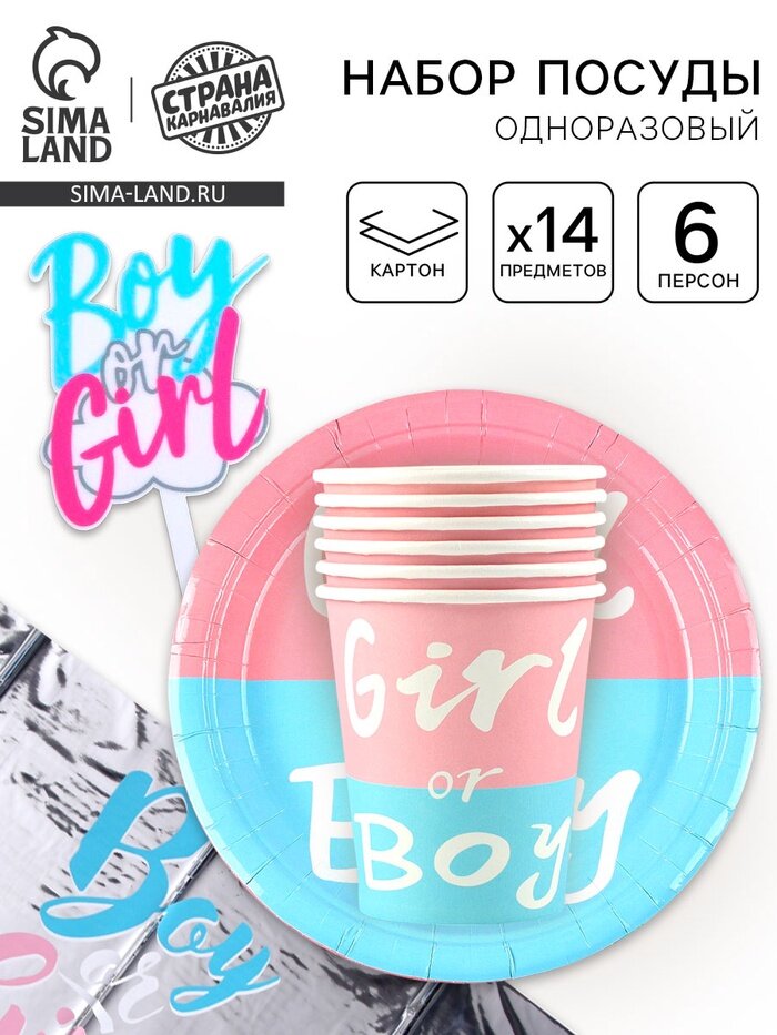 Посуда одноразовая бумажная для праздника «Гендер Пати», на 6 персон, 14 предметов
