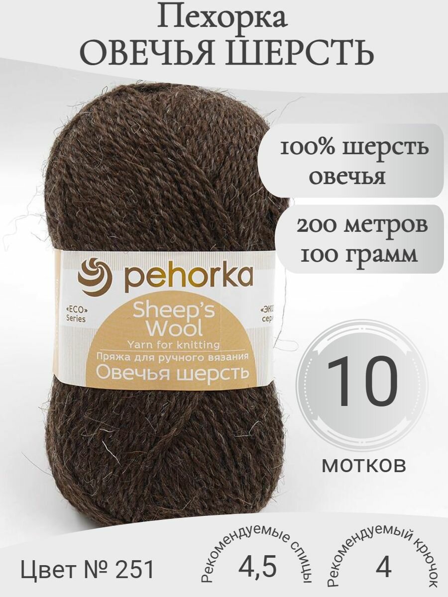 Пряжа Овечья шерсть, 251-коричневый (10 мот)