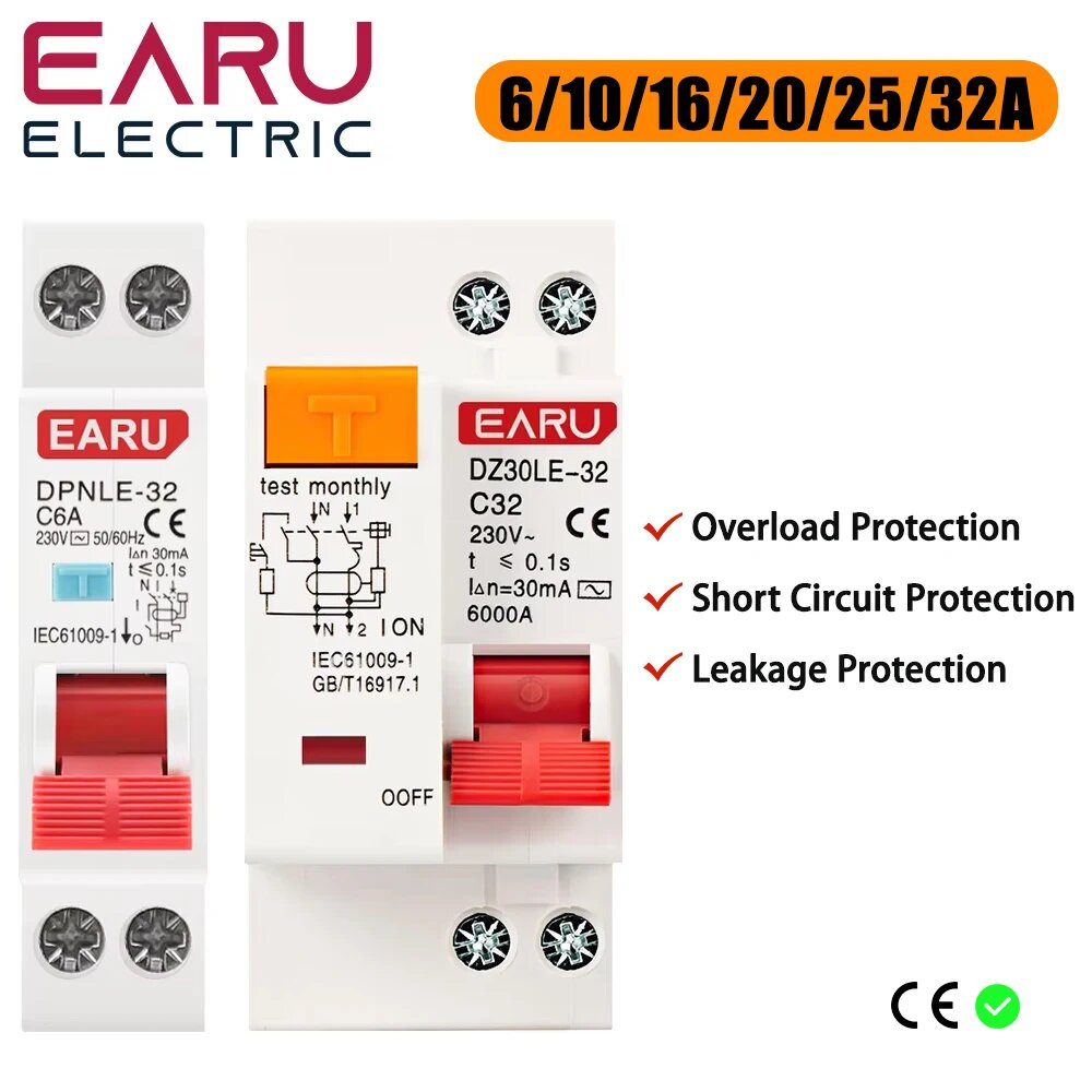 Автомат дифференциального тока EARUELECTRIC 6kA DPNL 36MM, 16A