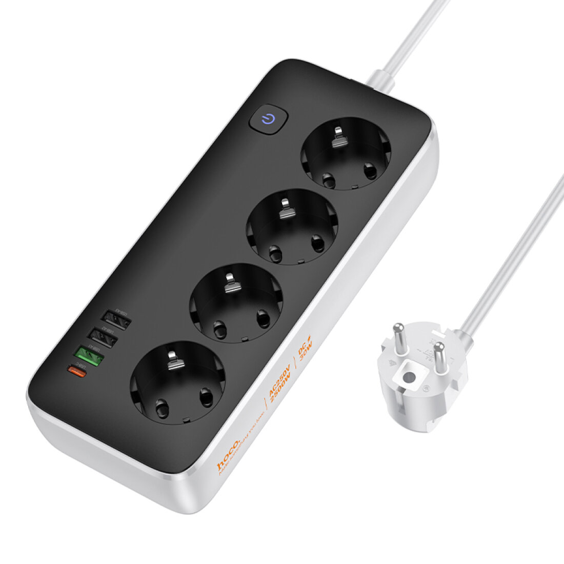 Сетевой фильтр на 4 розетки+3 USB+1 PD(30Вт), 3 м, AC22, Sunlight, HOCO, черный