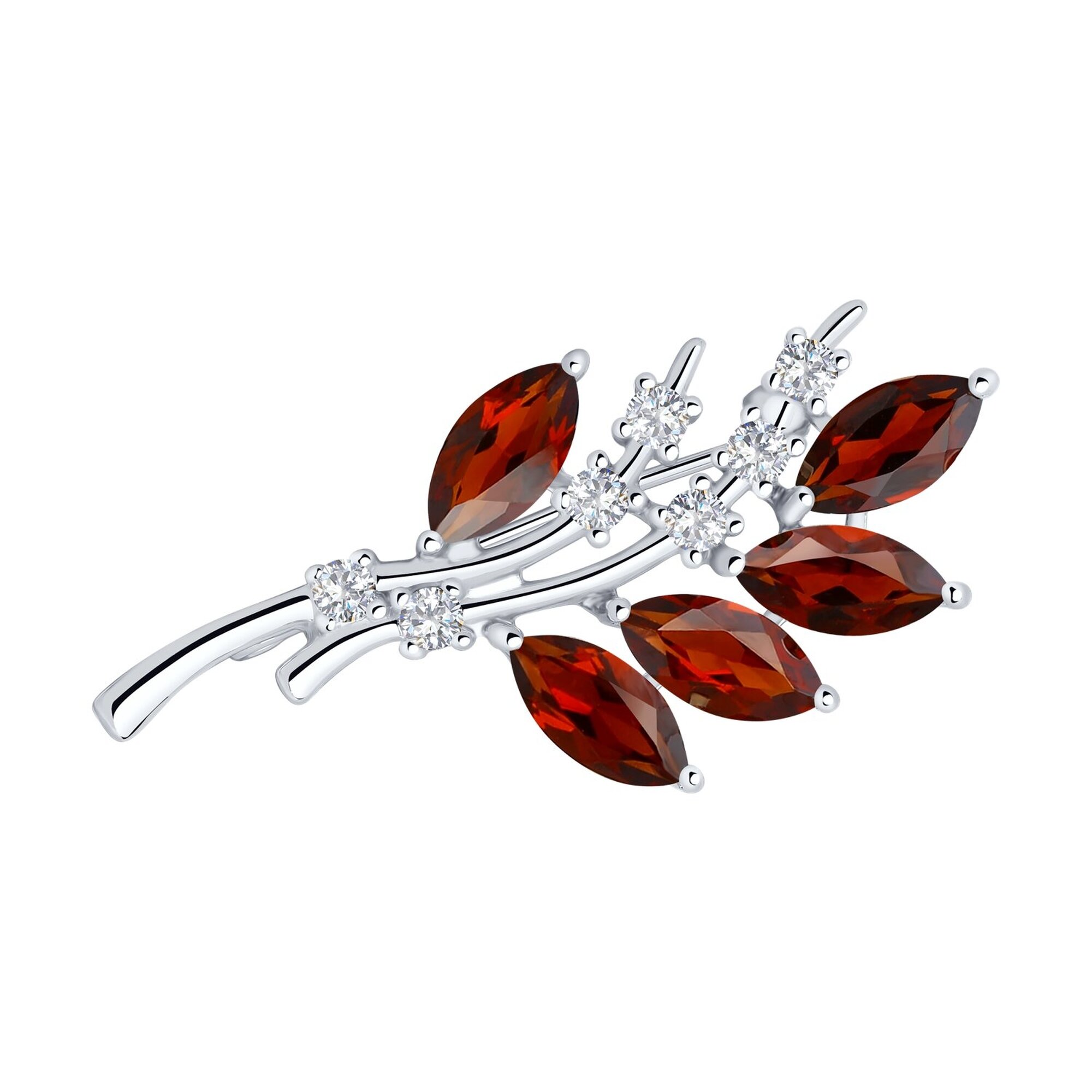 Брошь, серебро, 925 проба, родирование, гранат, фианит