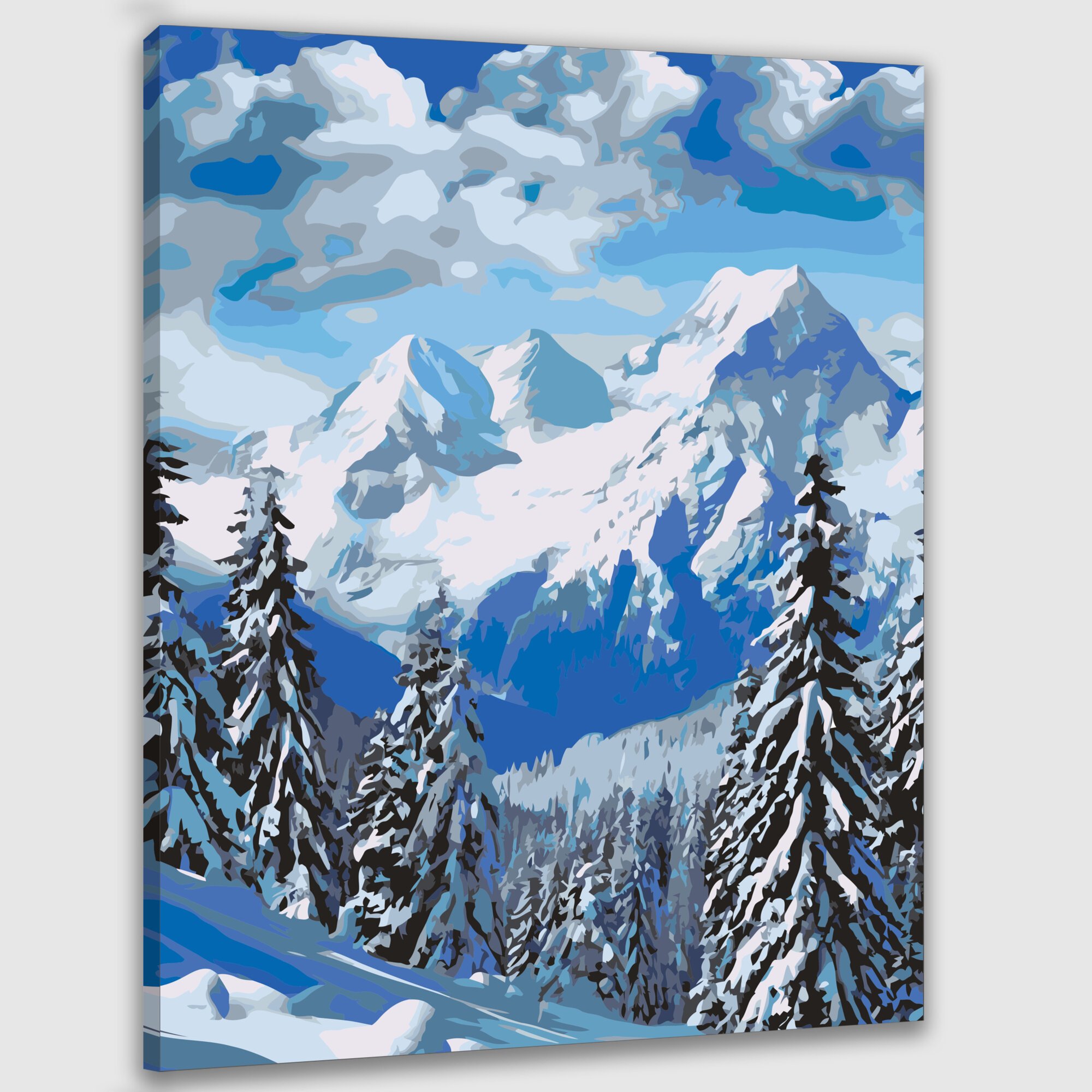 Картина по номерам 40x50 см, горный хребет, заснеженный, вершины, лес, сосны, снег, зима, небо, контраст, природа