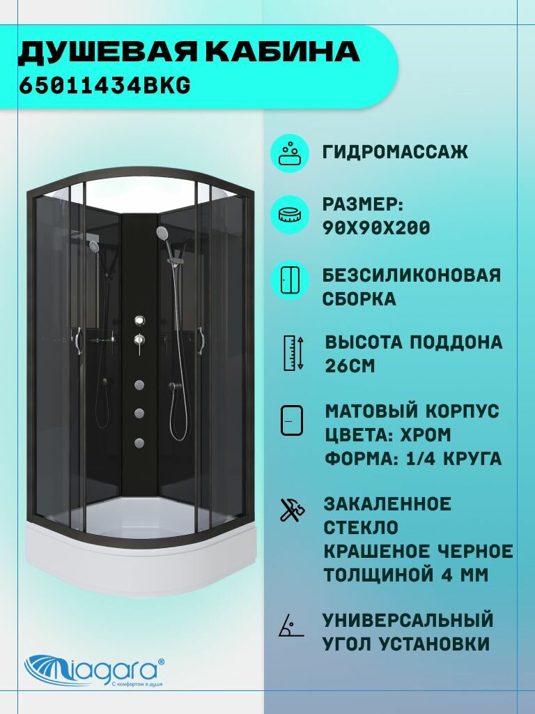 Душевая кабина Niagara Classic NG-6501-14BKG (90х90х200) средний поддон(26см), черный, стекло тонированное,4 места