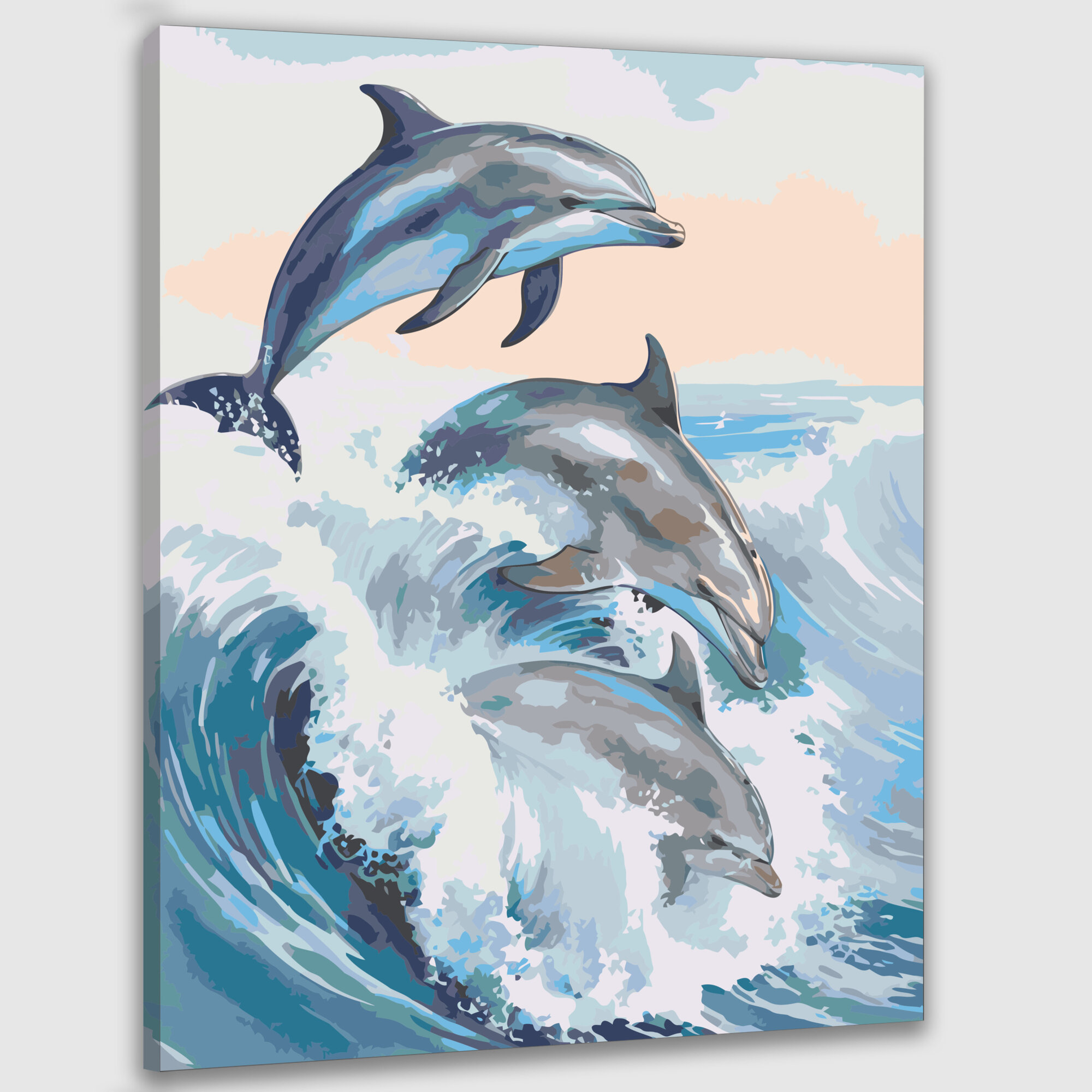 Картина по номерам 40x50 см, акварельная картина, дельфины, сверкающие волны, радость, свобода, солнце, синие тона воды