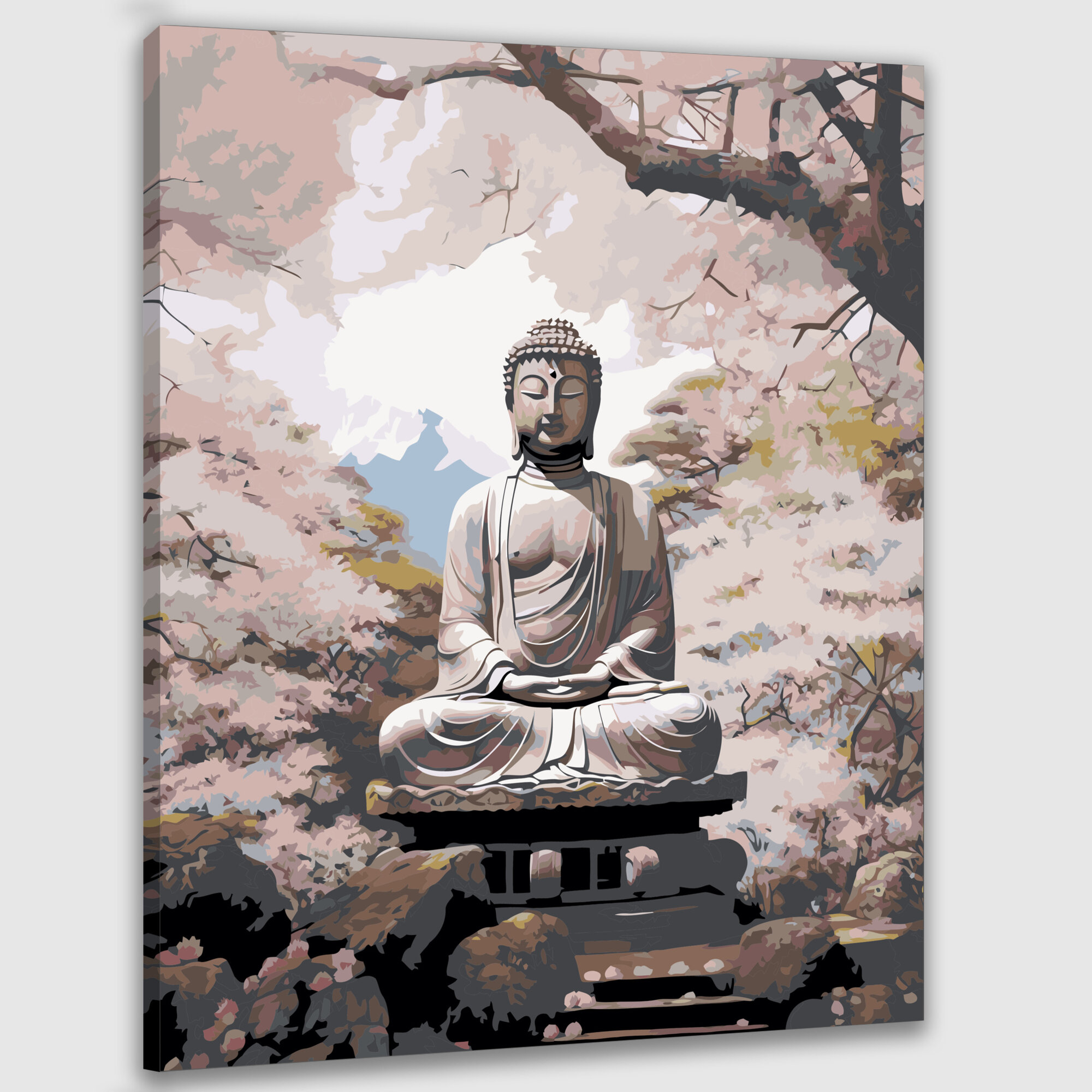 Картина по номерам 40x50 см, акварельная картина, Покой Будды, цветущие вишневые деревья, каменная статуя Будды
