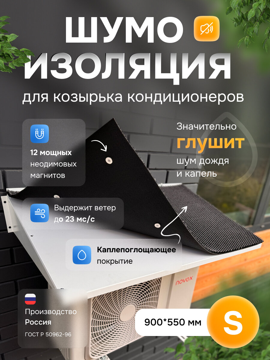 Шумоизоляция на козырек кондиционера S 900*550, влагостойкая, негорючая, серая, АкваНевод-42