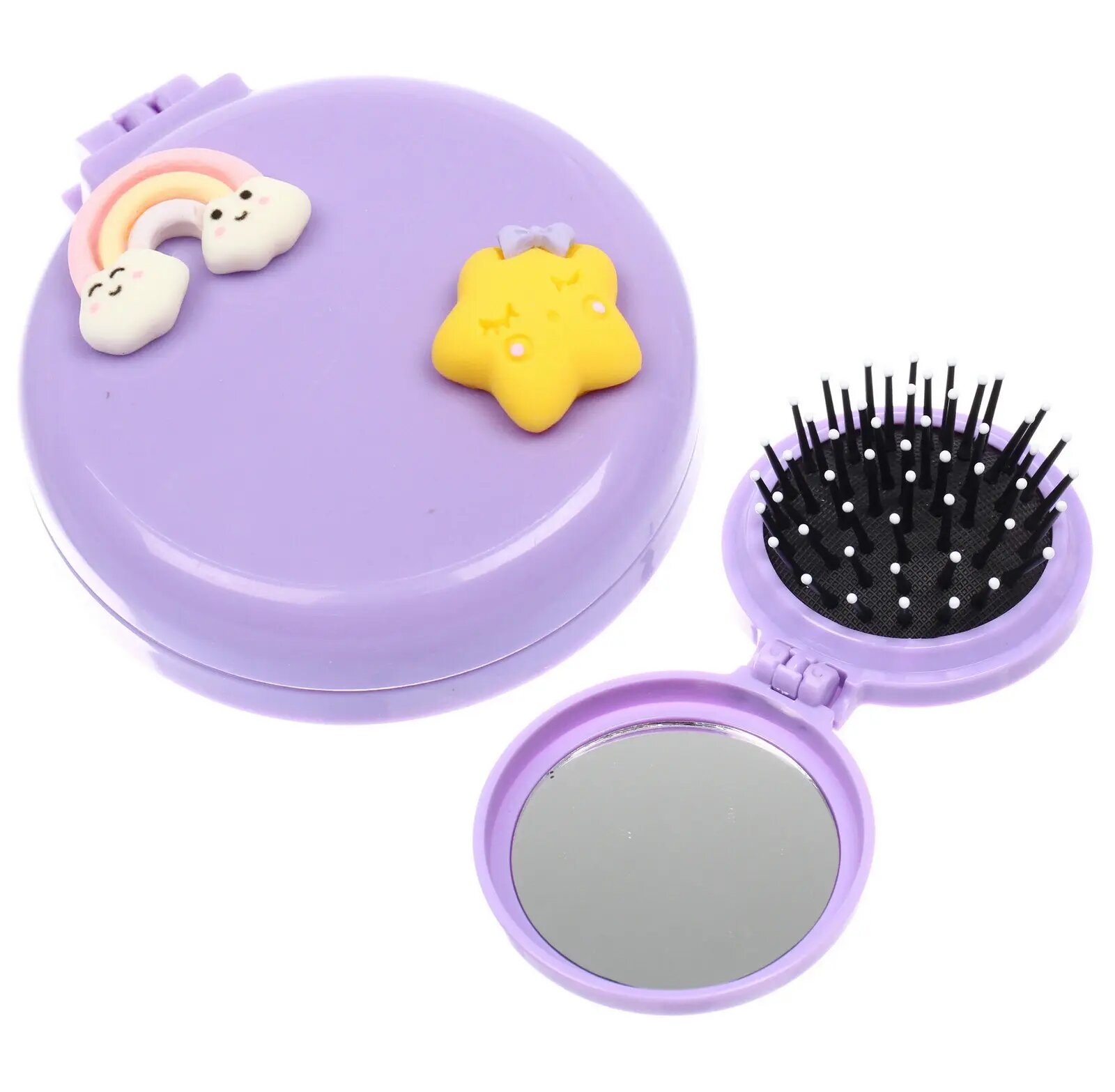 Расчёска массажная складная с зеркалом «бамби БУМ», лавандовая, d-6.5см, удобство в дороге