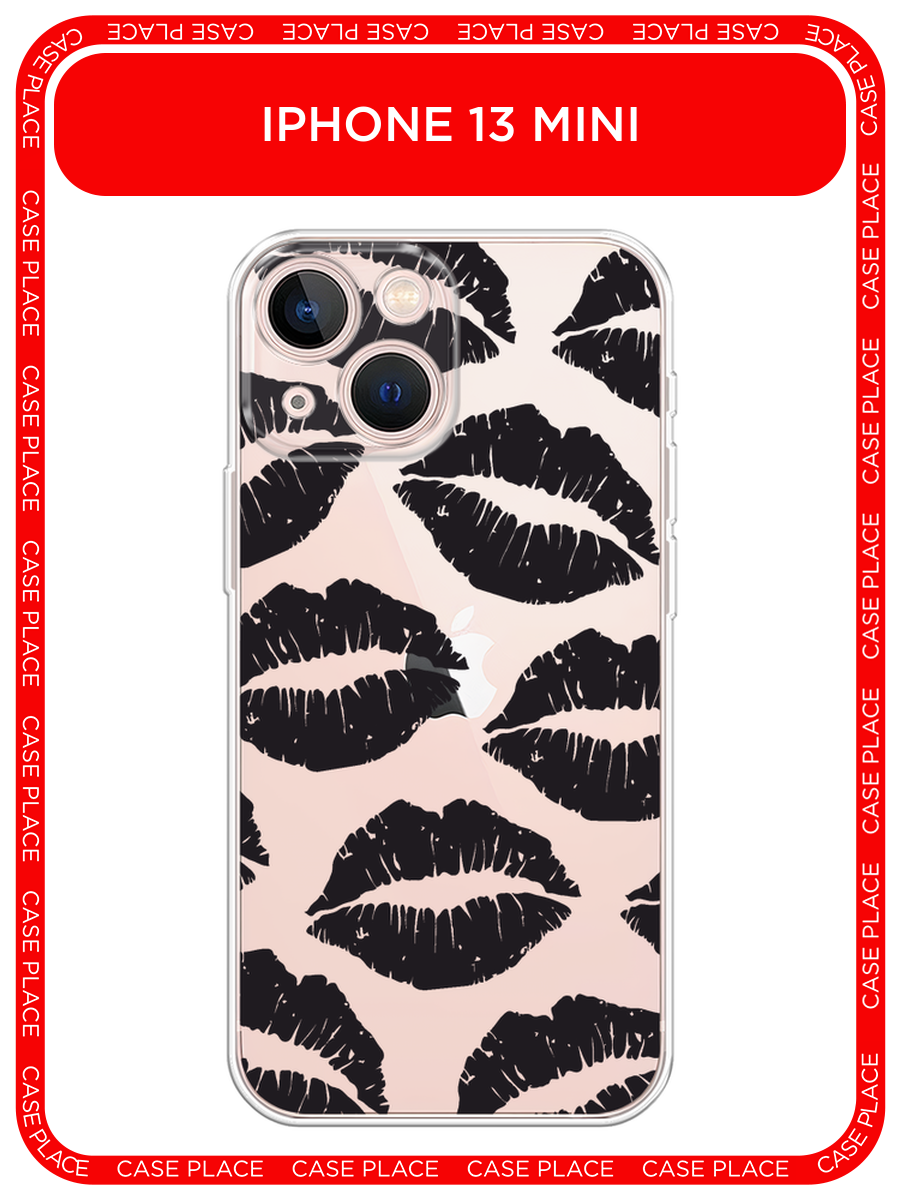 Чехол на Apple iPhone 13 mini / Айфон 13 мини с принтом Чёрная помада паттерн, прозрачный