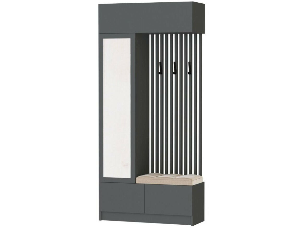 Прихожая-комплект, 3 крючка, обувницы с мягким сиденьем, зеркало, графит серый