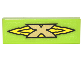 Tile 1 x 3 with Gold 'X' Logo on Yellow Arrows Pattern (Sticker) - Set 70620, 63864pb058 Lime U