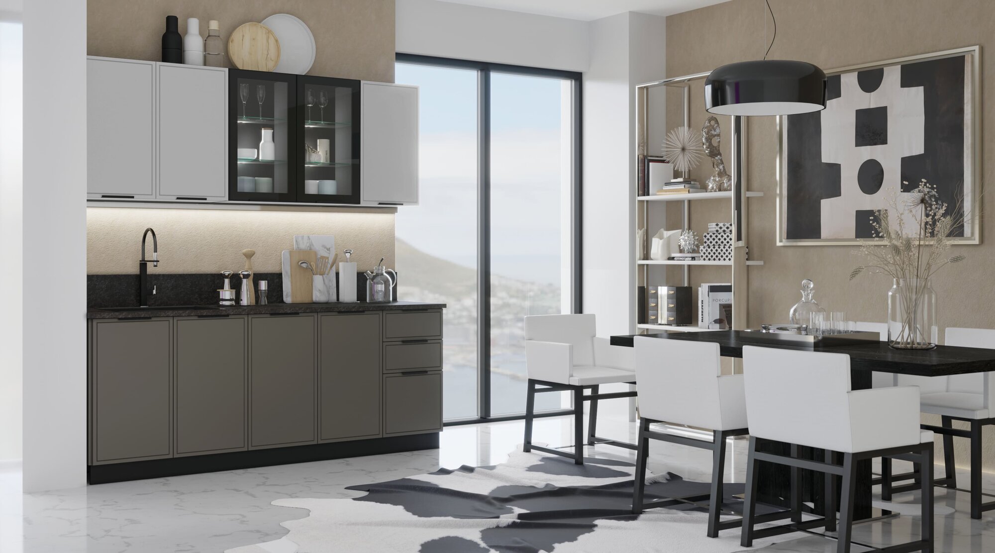 Кухня Николь 2,0м Компановка №1 (Холст белый/Холст вулканический) (Кастилло темный) (Миф)