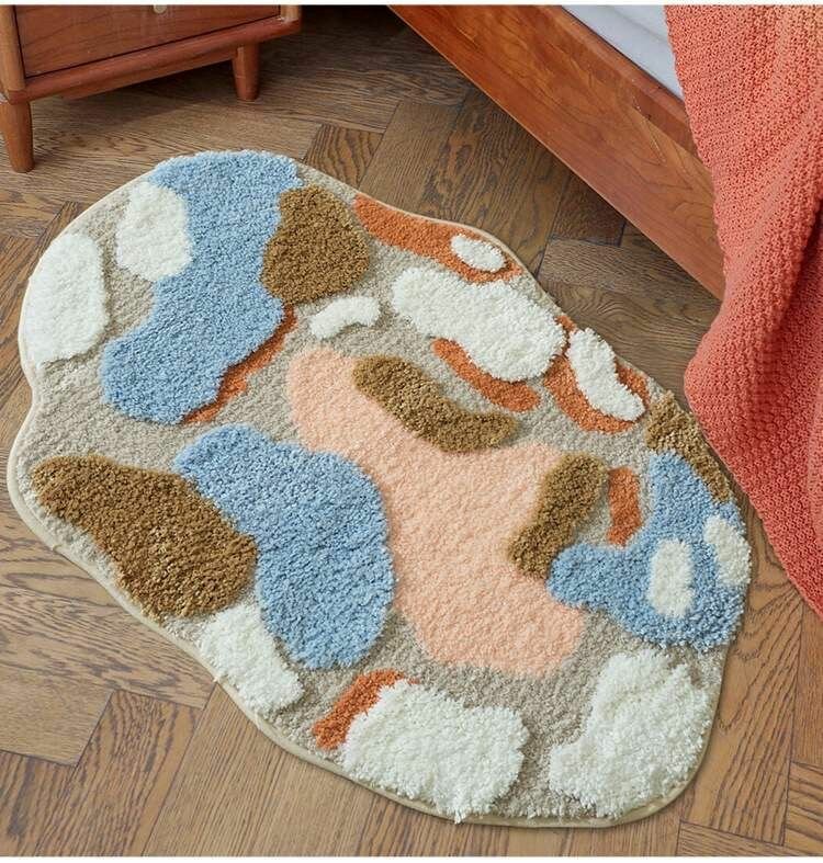 Коврик прикроватный 50х80 см Joy.Yolife с вышивкой из пряжи Голубая абстракция в спальню, ванную, гостиную, прихожую на пол