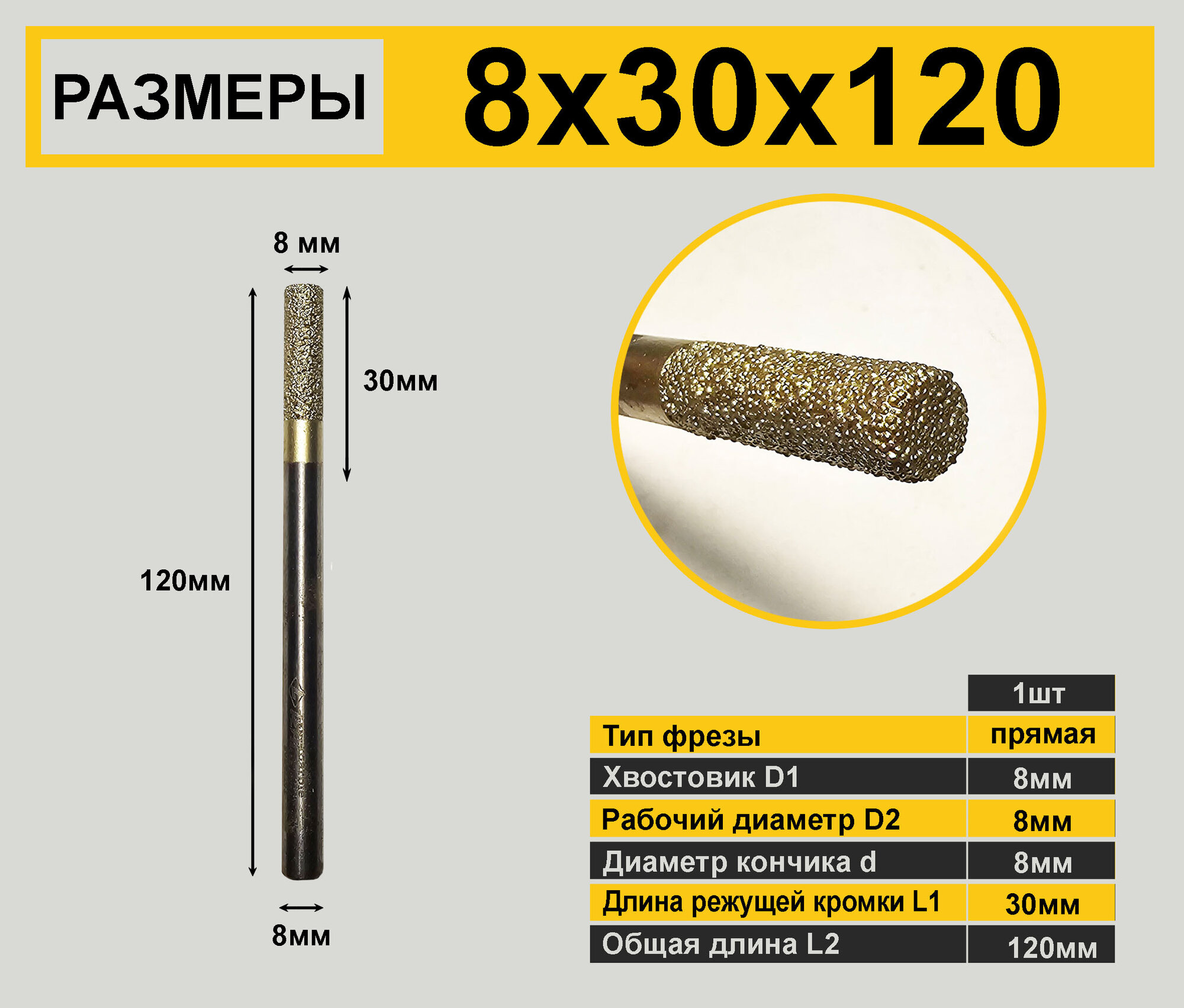 Премиум. Алмазная фреза для мрамора 8-30-120-2. Цилиндр.