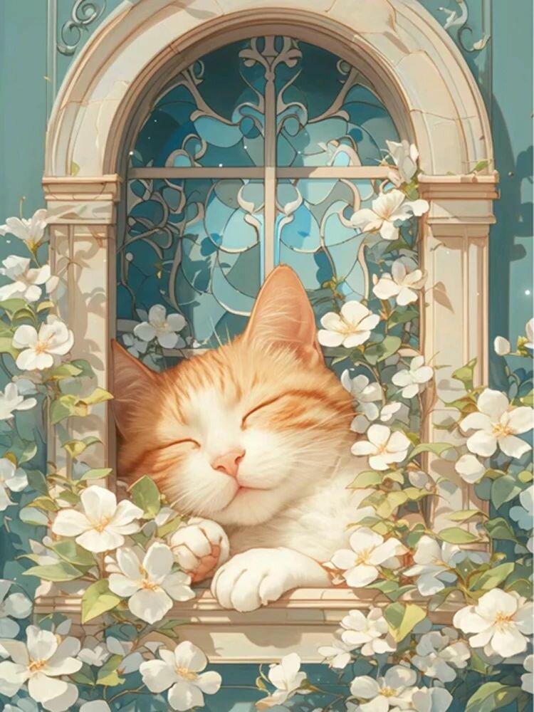 Набор для самостоятельной вышивки алмазами 5D Кошки и цветы на подоконнике- круглая алмазная мозаика размером 40x50 см для украшения стен дома,40X50CM, белый