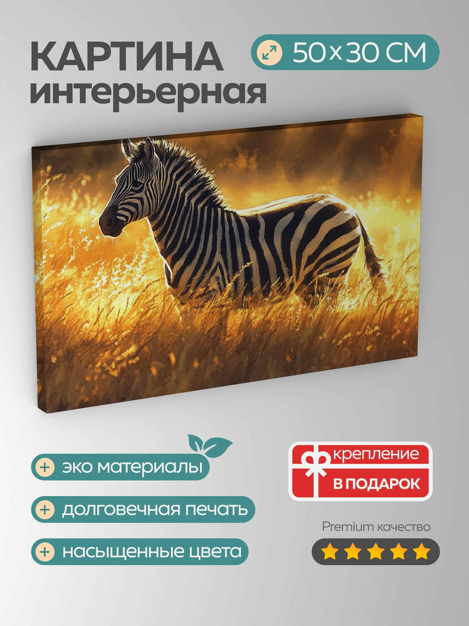 Картина на холсте интерьерная 50х30 см, Зебра, саванна, трава, черные полосы, белые полосы, свет, тени, природа