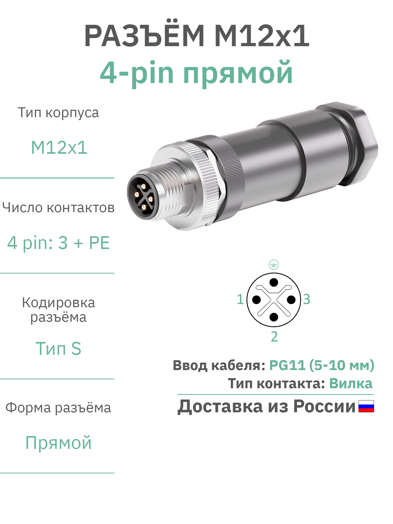 Разъём M12 S-coding 4 pin: 3 + PE прямой / вилка (папа) / PG11 (5-10 мм диаметр под кабель) / модель RAZM-M12-C4-CODE-S-PG11