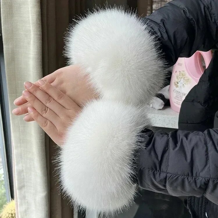2 шт Женские фальшивые меховые манжеты эластичная меховая рука теплее зимняя пушистый плюшевый ветропроницаемый браслет рукав куртки аксессуары,33,15, искусственный мех,35, white, SKU00285