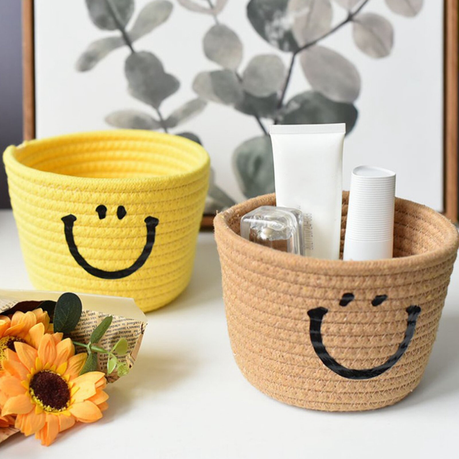 Симпатичная корзина из хлопковой веревки, настенная мягкая складная маленькая корзина ручной работы для домашнего использования, желтовато-коричневая