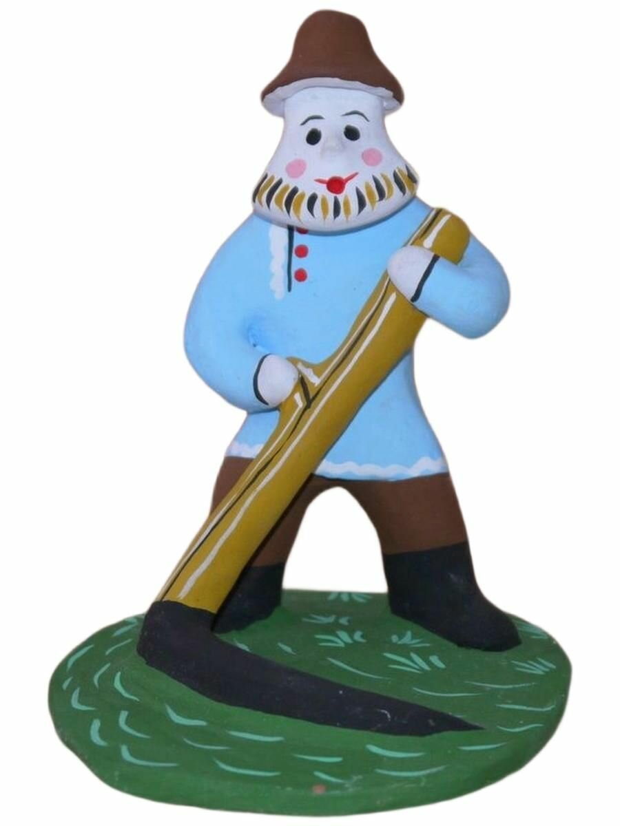 Мужик косит траву, Каргопольская глиняная игрушка, ручная авторская работа