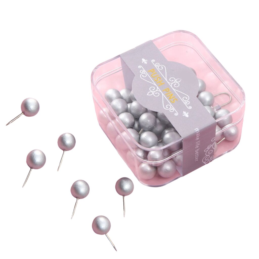 Крепёж, Минималистичные деревянные кнопки для пробковой доски - серебряные, 1 коробка по 40 штук