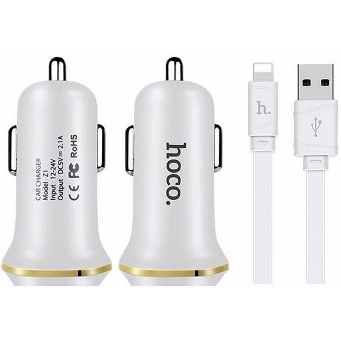 Автомобильное зарядное устройство, 2 USB 2.1A (Z1), usb cable lightning, HOCO, белый
