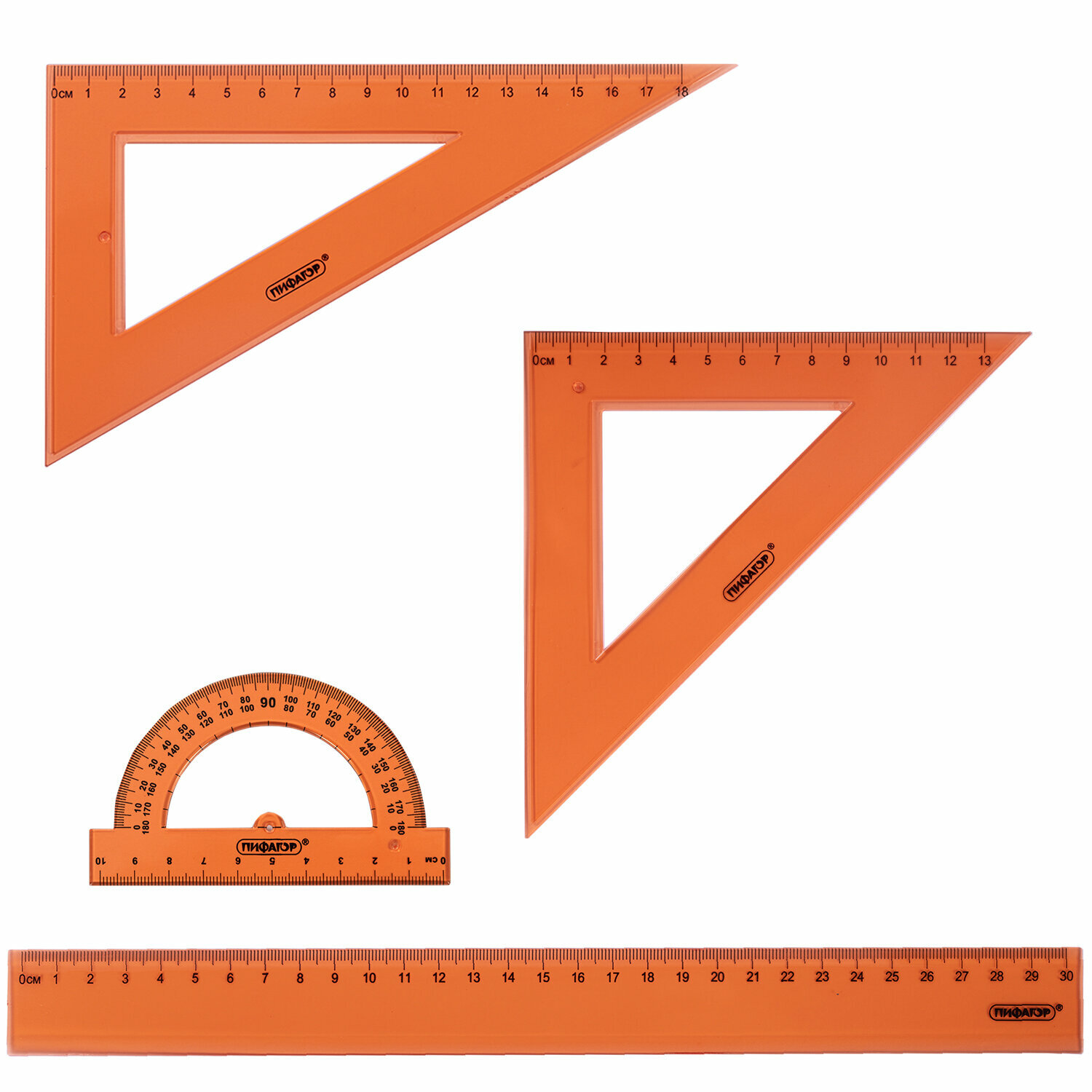 Упаковка 8 шт. Набор чертежный большой пифагор (линейка 30 см, 2 треугольника, транспортир), прозрачный, неоновый, ассорти, 210856
