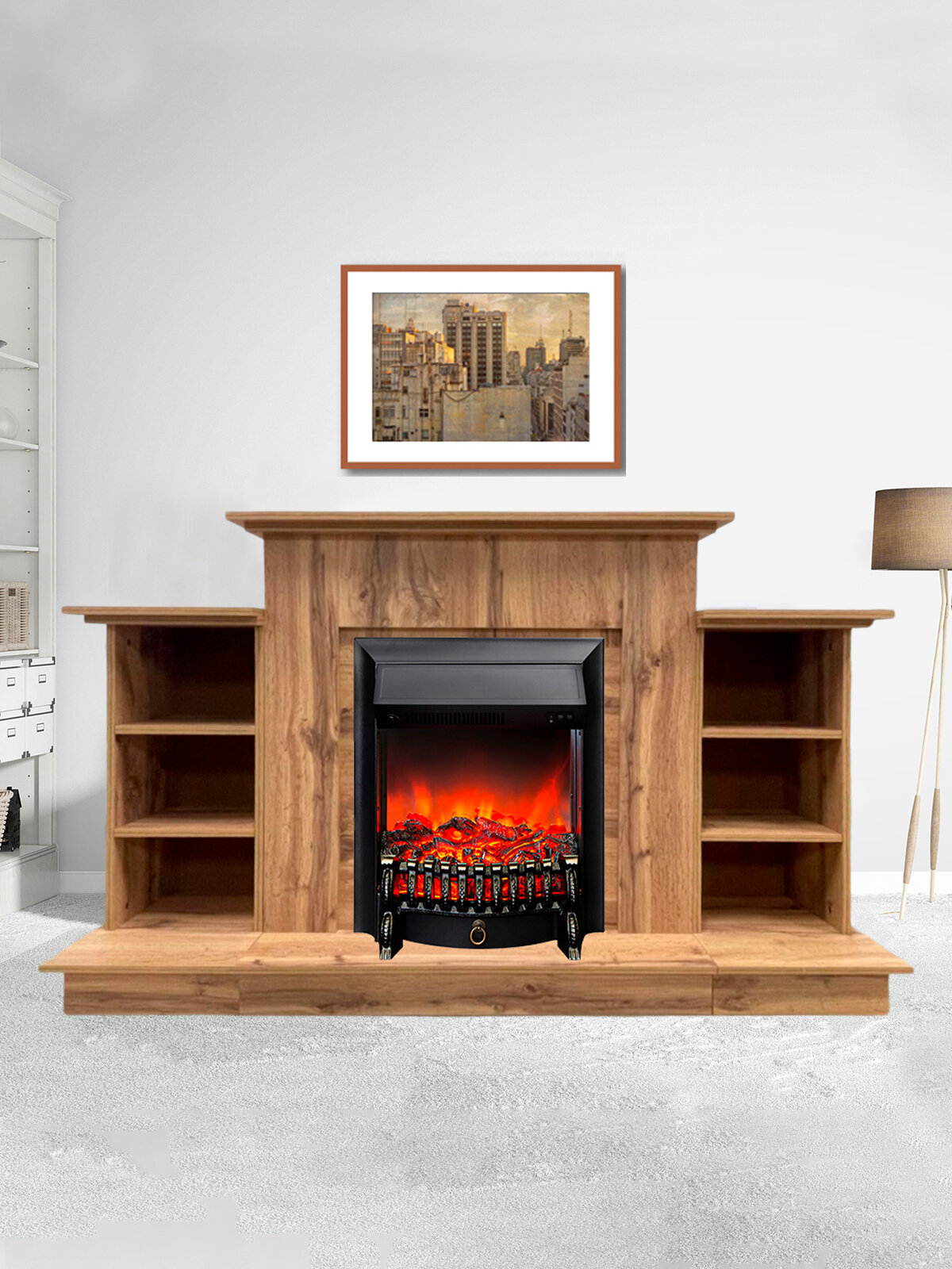 Камин электрический LiderKamin Lord Premium DW дуб вотан с очагом Fobos, 2 тумбы с полками, звук, обогрев (электрокамин)