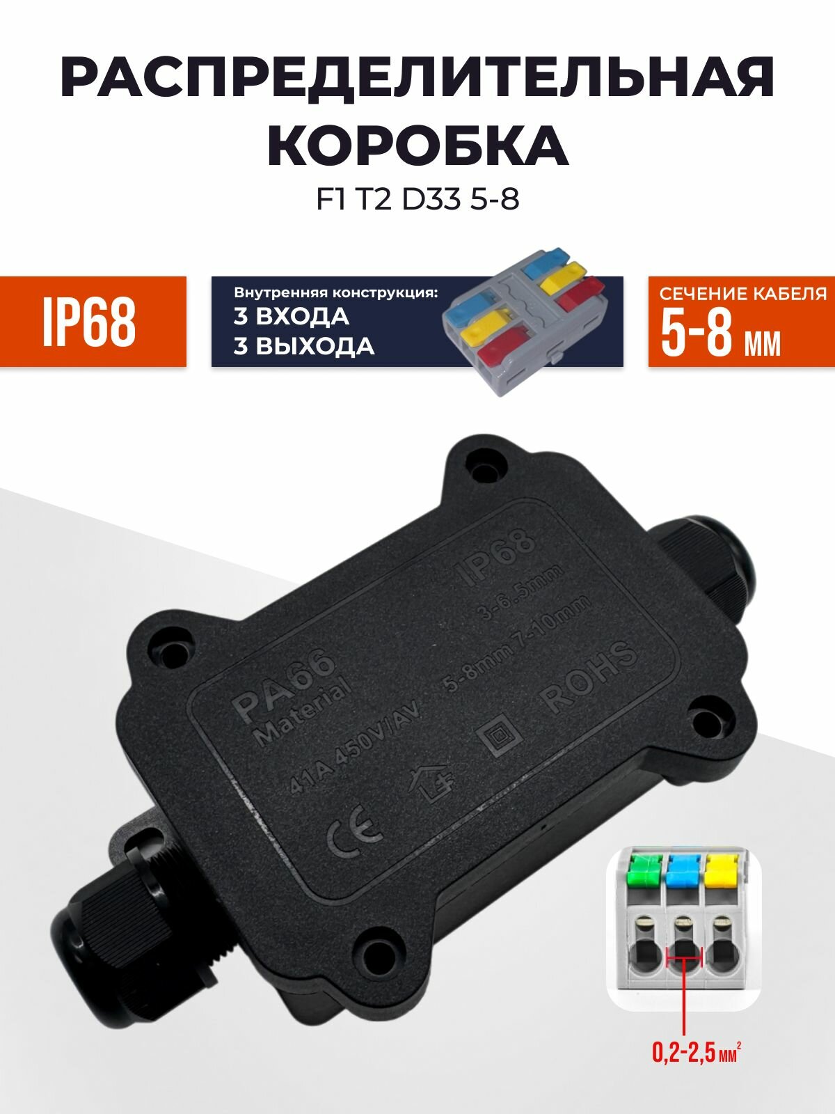 Водонепроницаемая распределительная коробка IP68 с клеммами 2-вводная 3/3 F1 2T D33 5-8 мм