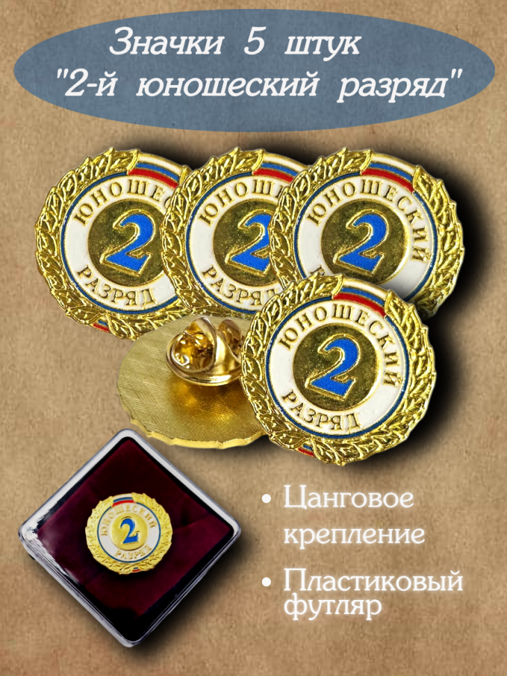 Комплект значков "2-й юношеский разряд" в пластиковом футляре, 5 шт.